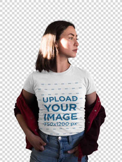 Placeit - Transparent Tee Mockup Featuring a Stylish and Pensive Woman