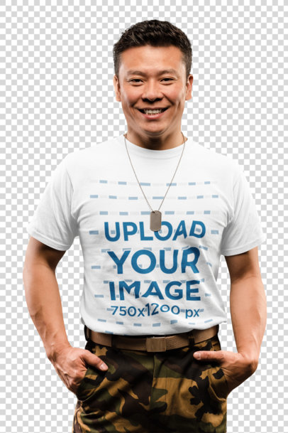 Placeit - Transparent T-Shirt Mockup of a Smiling Veteran Soldier
