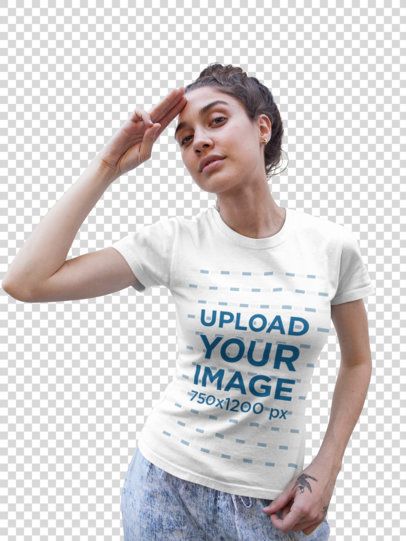 Placeit - Transparent Tee Mockup of a Woman with a Buzz Cut Hairstyle