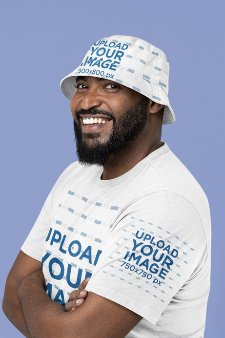 Placeit - Bucket Hat and Tee Mockup Featuring a Happy Bearded Man ...