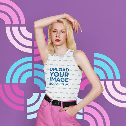 Placeit - T-Shirt Mockup Featuring a Transgender Model Posing in a Studio