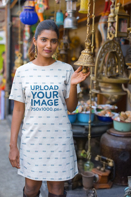 Placeit - T-Shirt Dress Mockup Featuring a Woman Posing at a Flea Market