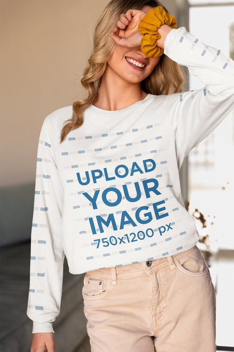 Placeit - Bella Canvas Long-Sleeve Tee Mockup of a Happy Woman With a ...