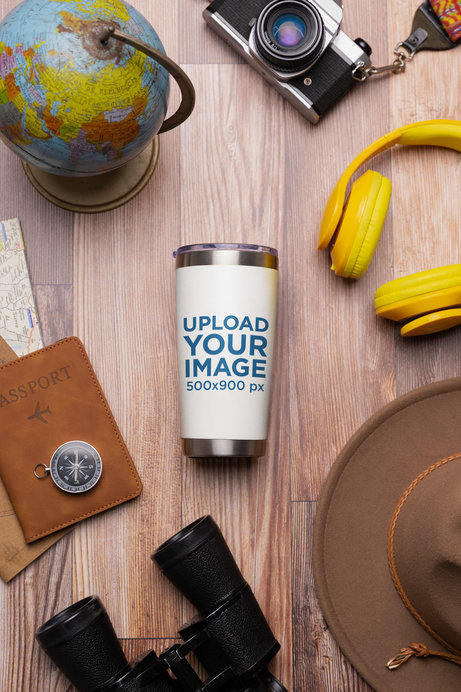 Placeit - Mockup of a Travel Mug Placed Next to a Passport and a ...