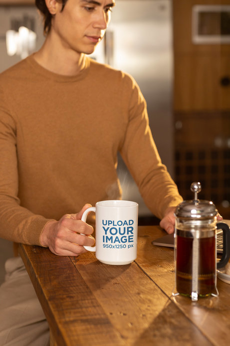 Placeit - Mockup of a Serious Man Grabbing a 15 Oz Coffee Mug While ...