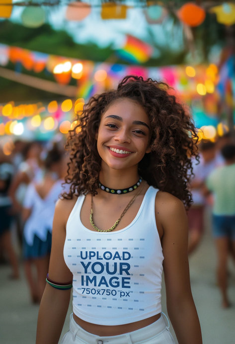 Placeit Crop Top Mockup Of An Ai Generated Happy Curly Haired Woman