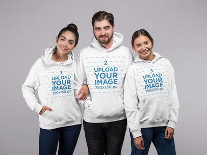 Placeit - Studio Mockup Featuring Three Friends Wearing Hoodies