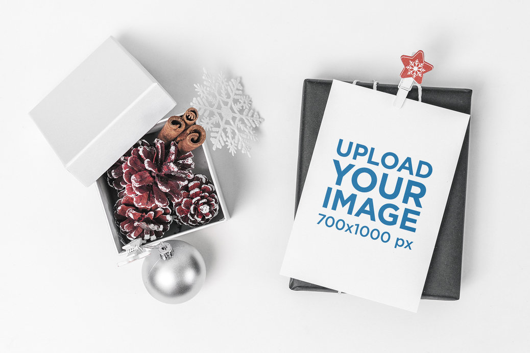 Placeit - Postcard Mockup Featuring a Small Box with Christmas Ornaments