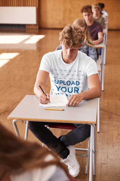 Placeit - T-Shirt Mockup of a College Student Taking an Exam in a Classroom