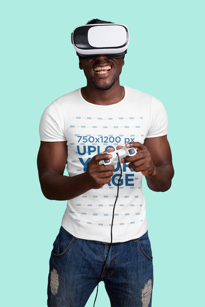 Placeit - T-Shirt Mockup of a Man Wearing a VR Headset at a Studio